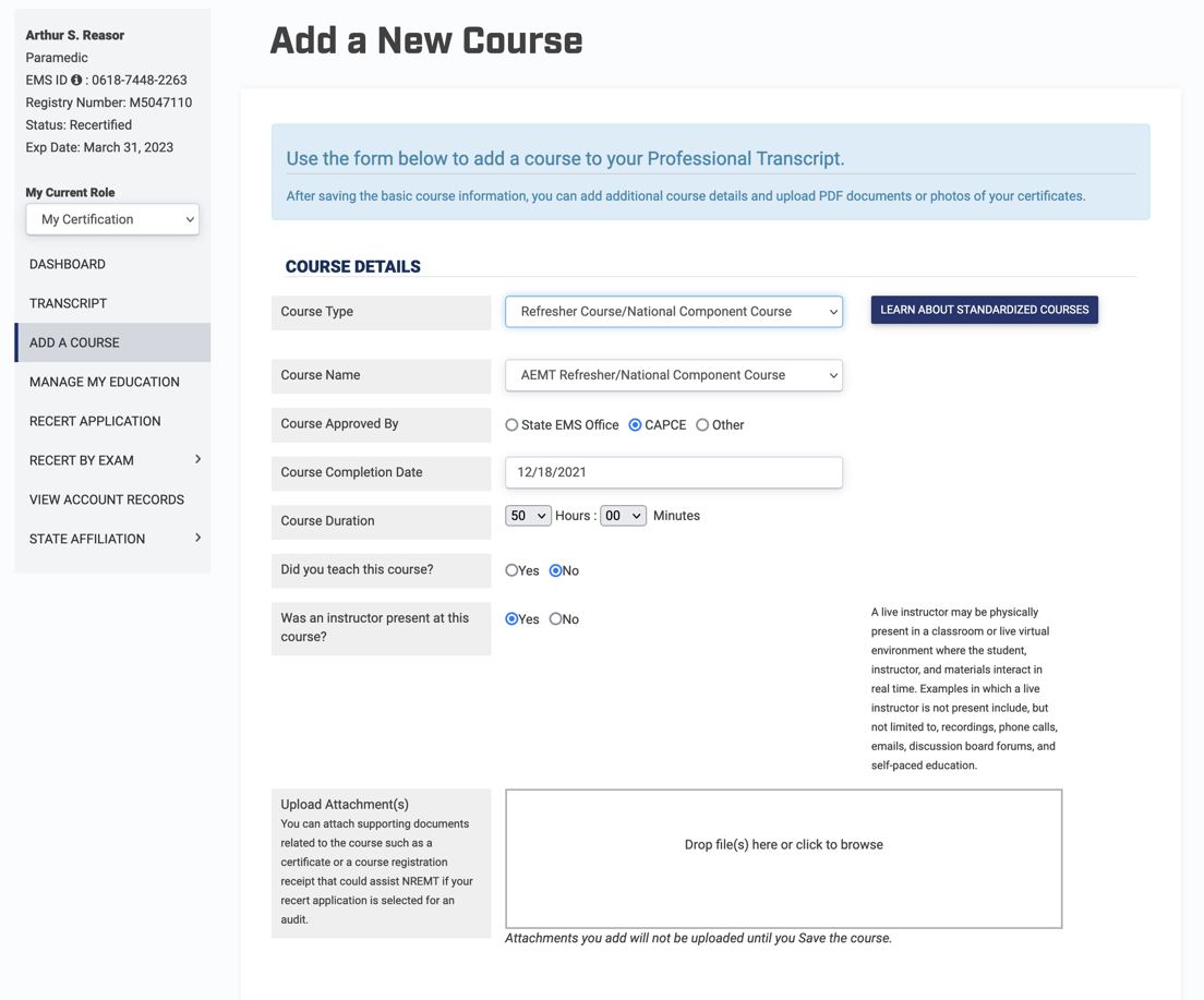 How to manually add CE courses to my NREMT account