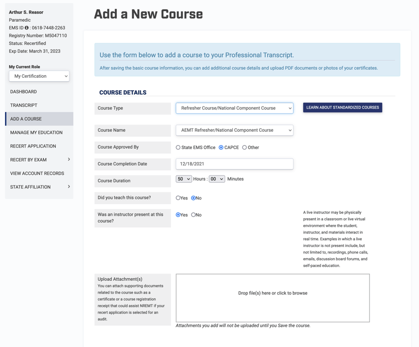 How to manually add CE courses to my NREMT account